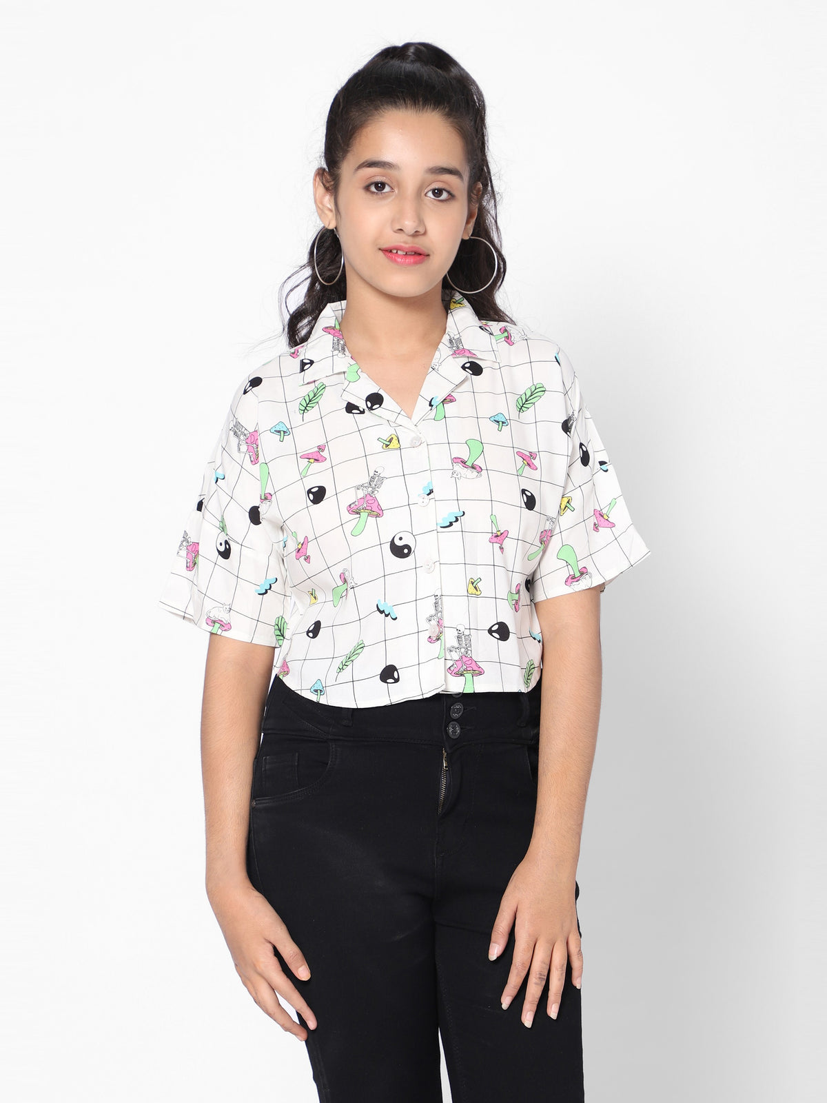 Girls Cactus Print Crop Top-White | TeenTrums