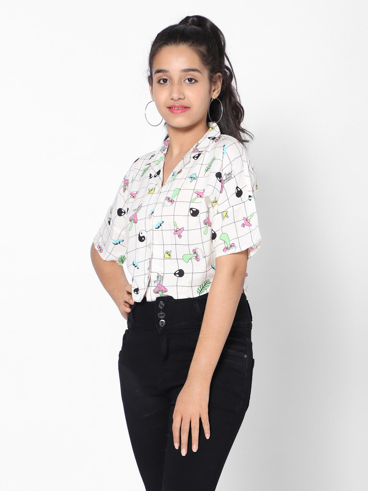 Girls Cactus Print Crop Top-White | TeenTrums