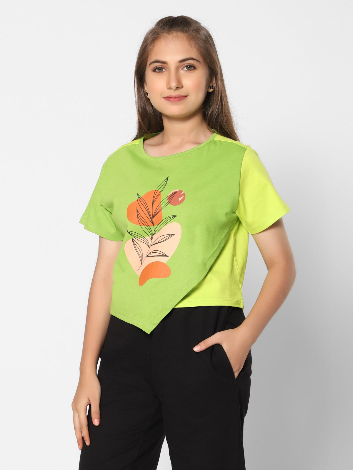 TeenTrums Girls fashion half on half Crop Top - Olive | TeenTrums